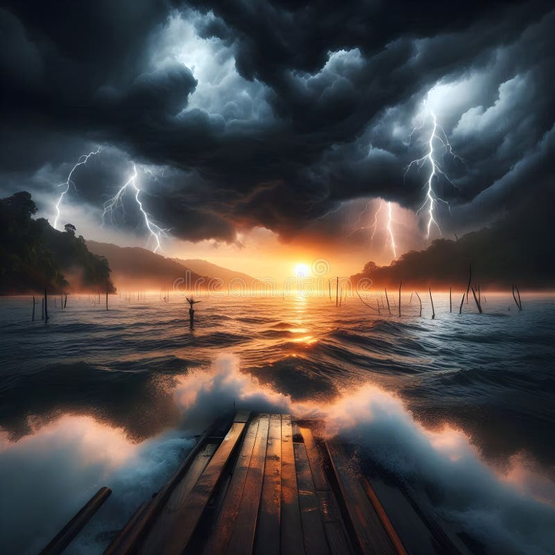 Image of Dramatic Rain,storm and Lighting Bombard the Lake at Golden ...