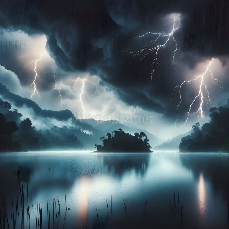 Image of Dramatic Rain,storm and Lighting Bombard the Lake at Golden ...