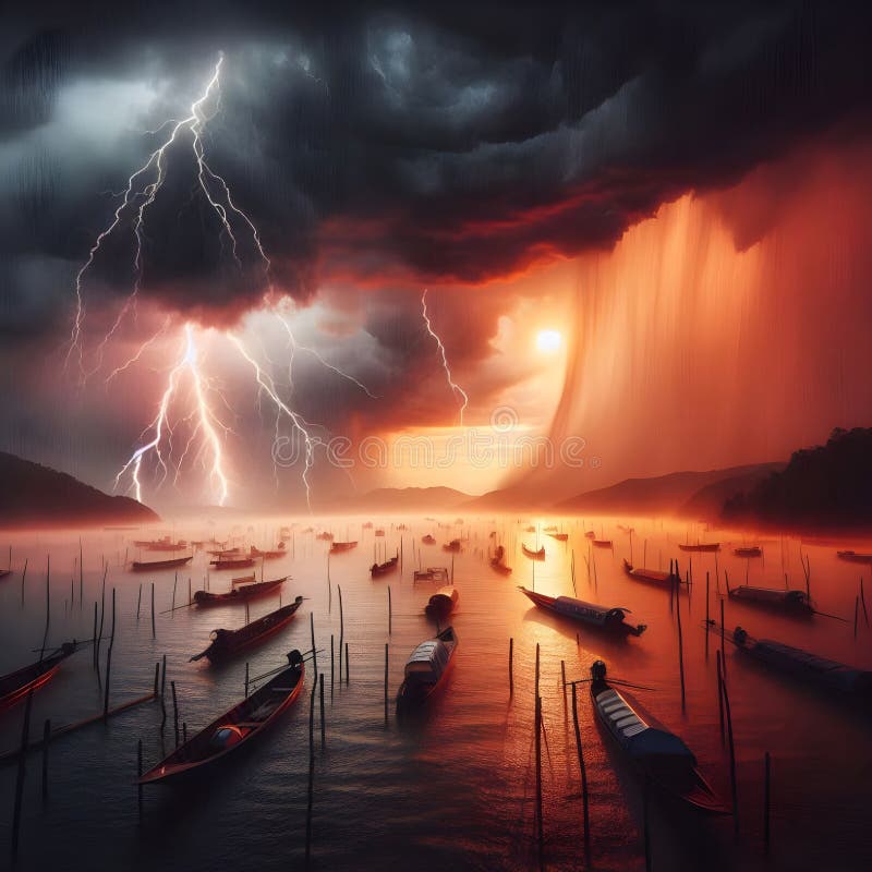 Image of Dramatic Rain,storm and Lighting Bombard the Lake at Golden ...