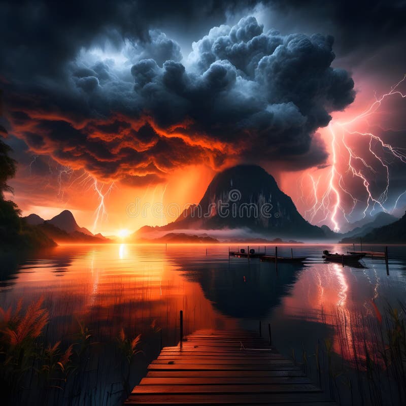 Image of Dramatic Rain,storm and Lighting Bombard the Lake at Golden ...