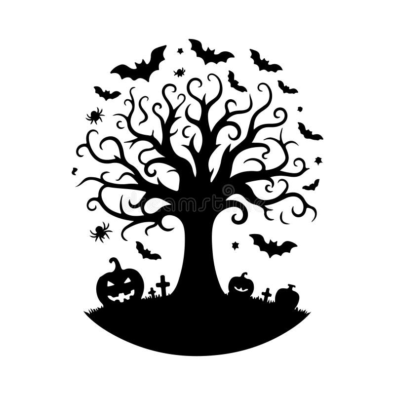 Halloween Scary Tree. Black Silhouettes on White Background. Vector ...