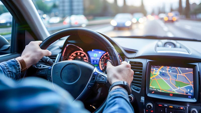 Image of a Driver S Hands on the Steering Wheel of a Car Using a GPS ...