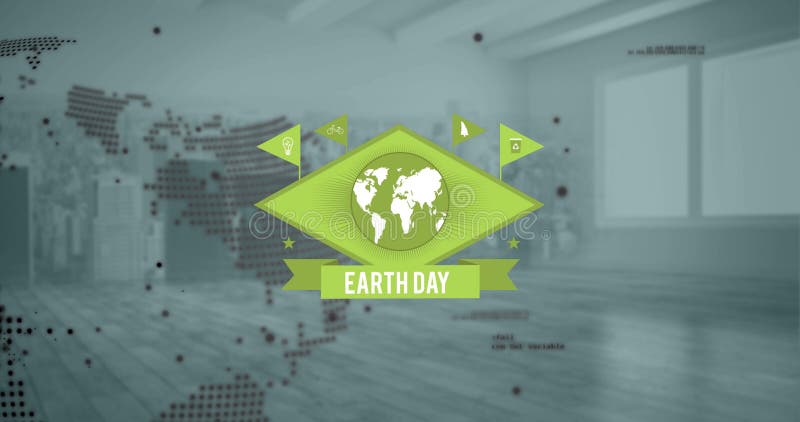 Image of Earth Day Text Over Globe, Data Processing and Empty Room ...