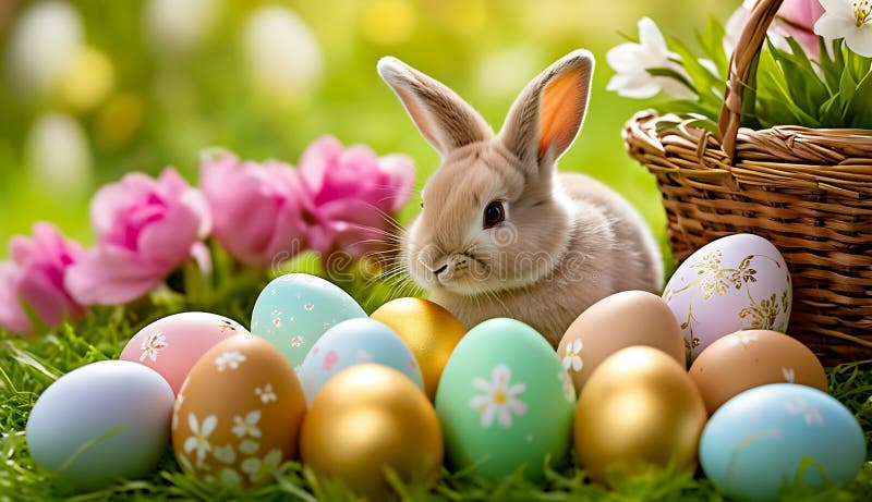 Easter Background, Easter Bunny ,Decorated Eggs and Cute Rabbit ...