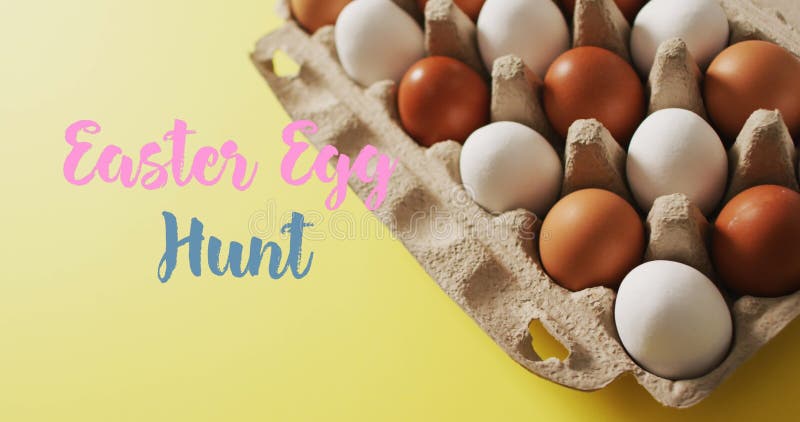 Image of Easter Egg Hunt Over Eggs in Cardboard Over Yellow Background Stock Photo - Image of ...