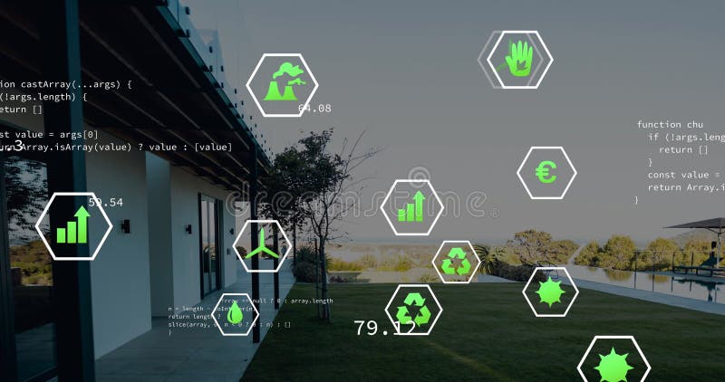 Image of Eco Icons and Data Processing Over House and Landscape Stock ...