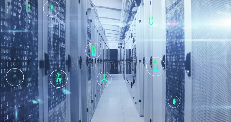 Image of Ecology and Energy Icons Rotating Over Flashing Lights on ...