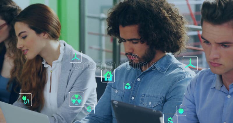 Image of Ecology Icons Over Diverse Colleagues Using Technology in ...