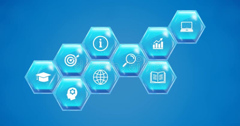 Image of Education and Learning Blue Hexagon Icons on Blue Background ...