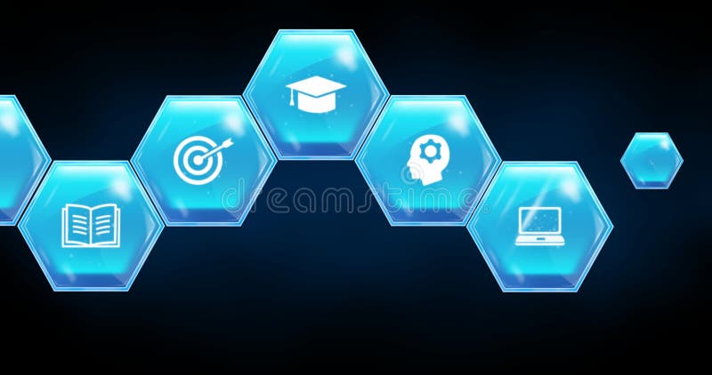 Image of Education and Learning Blue Hexagon Icons on Blue Background ...