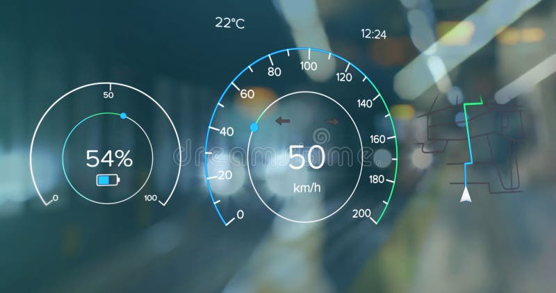 Image of Electric Car Speedometer Data Processing Over City Stock Photo ...
