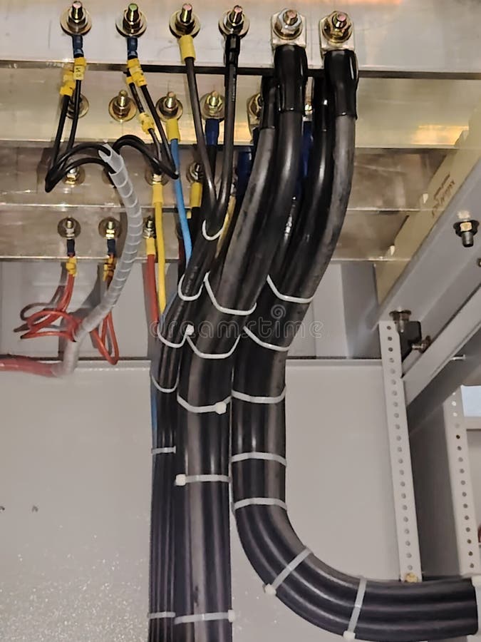 Image of Electric Wires Connected To Common Copper Bars in Electrical ...