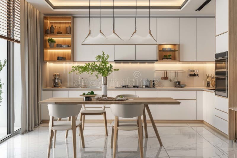 An Image of Elegant Contemporary Kitchen Room Interior Stock ...