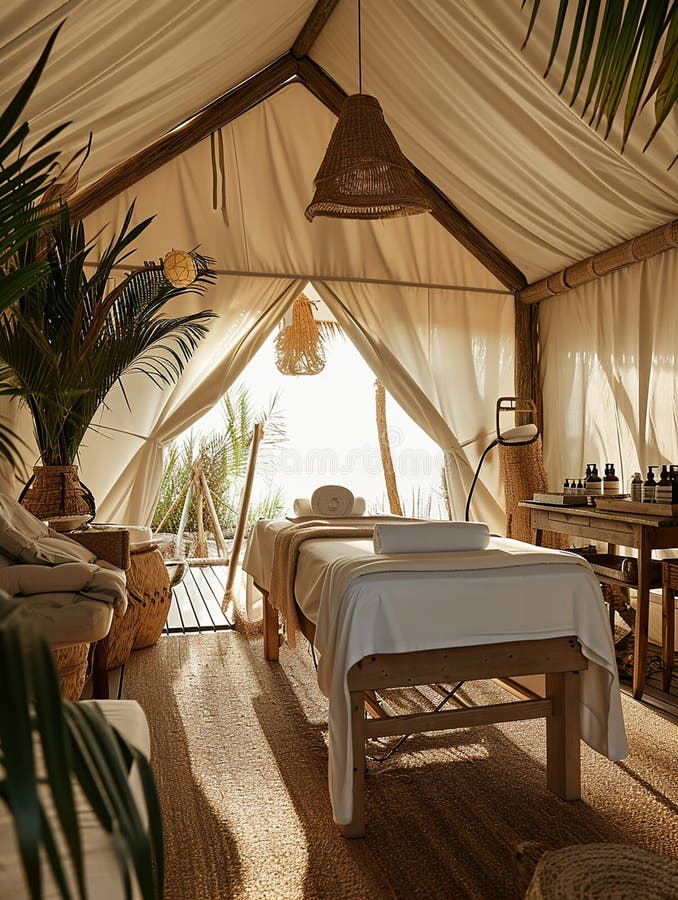 Spa Treatment Room in Tent with Massage Table Stock Image - Image of ...