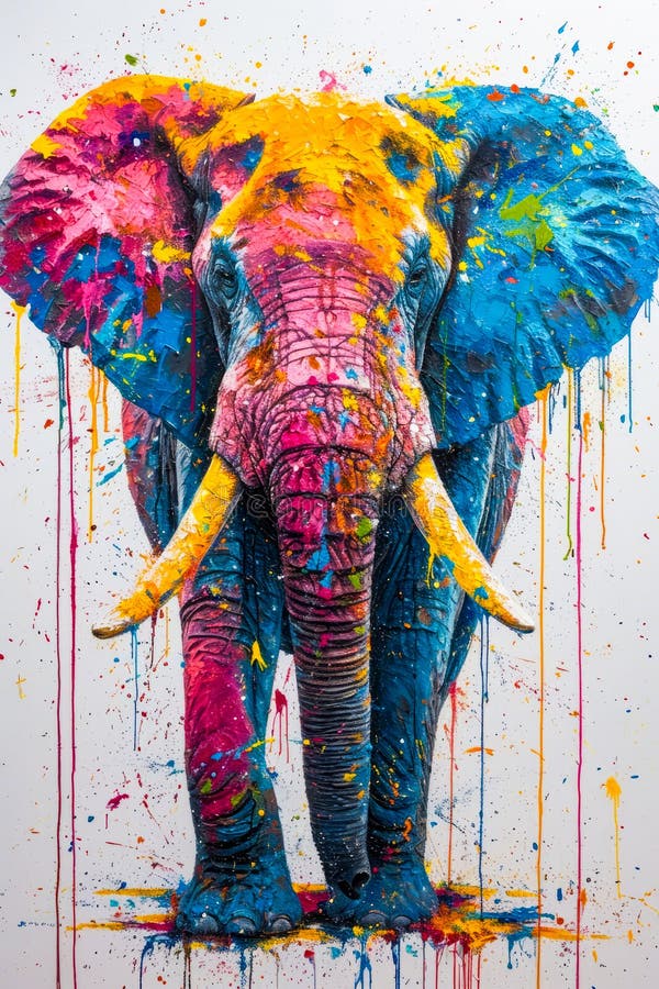 Image of Elephant with Bright Colors and Splatter Paint All Over it ...