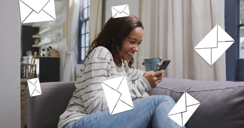 Image of Email Envelope Digital Icons Over Woman Using Smartphone at ...