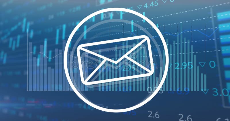 Image of Email Icon and Financial Data Processing Over Blue Background ...