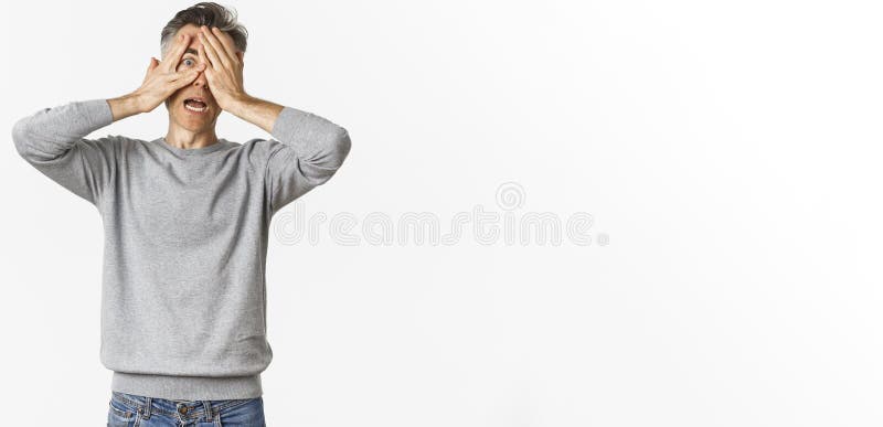 Image of Embarrassed of Scared Middle-aged Man Cover His Eyes with ...