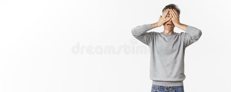 Image of Embarrassed of Scared Middle-aged Man Cover His Eyes with ...