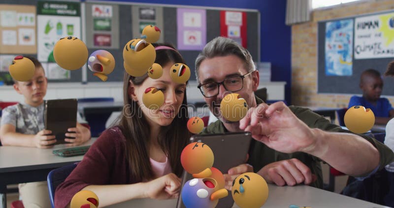 Image of Emoticons Over Diverse Male Teacher Helping Girl in Using ...