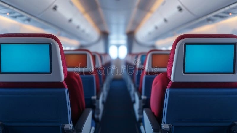 Airplane Cabin Interior Empty Seats with Personal Screens Modern ...