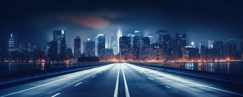 Image of Empty Asphalt Road with Skyskapers at Night Time. Stock ...