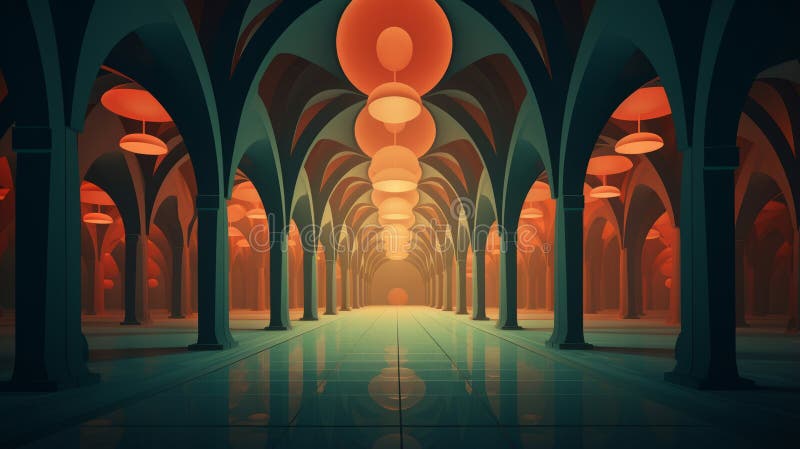 An Image of an Empty Hallway with Orange Lights Stock Illustration ...