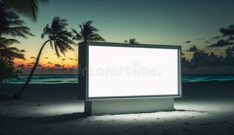 Image of Empty White Billboard on Tropical Beach Infront of Sunset Sky ...