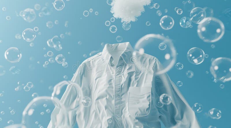White Shirt Floating Surrounded by Bubbles Against a Blue Background ...
