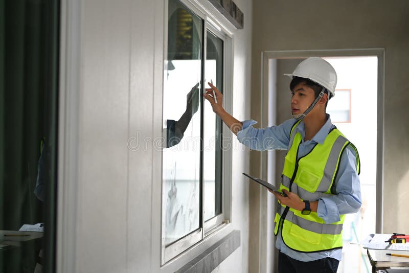 Image of Engineer Man Looking at Clipping Board and Checking Building ...