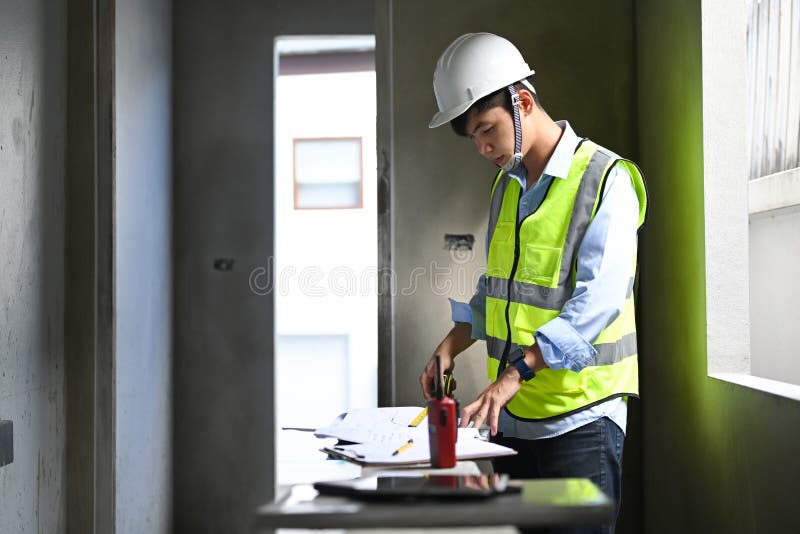 Image of Engineer Man Looking at Clipping Board and Checking Building ...