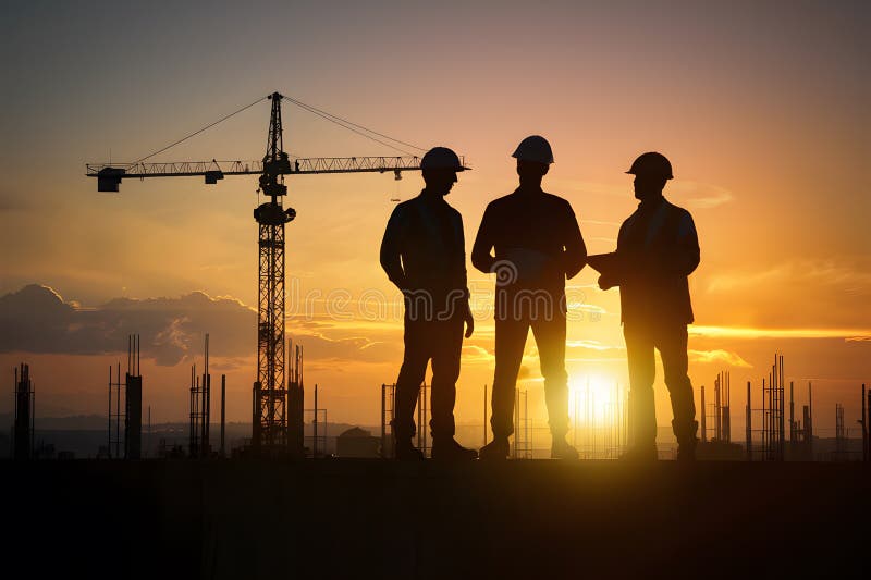 Image Engineer and Worker Silhouette at Building Site during Sunset ...