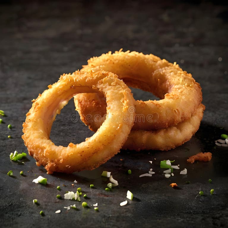 An Overhead View of Three Lightly Battered Onion Rings, Arranged on a ...
