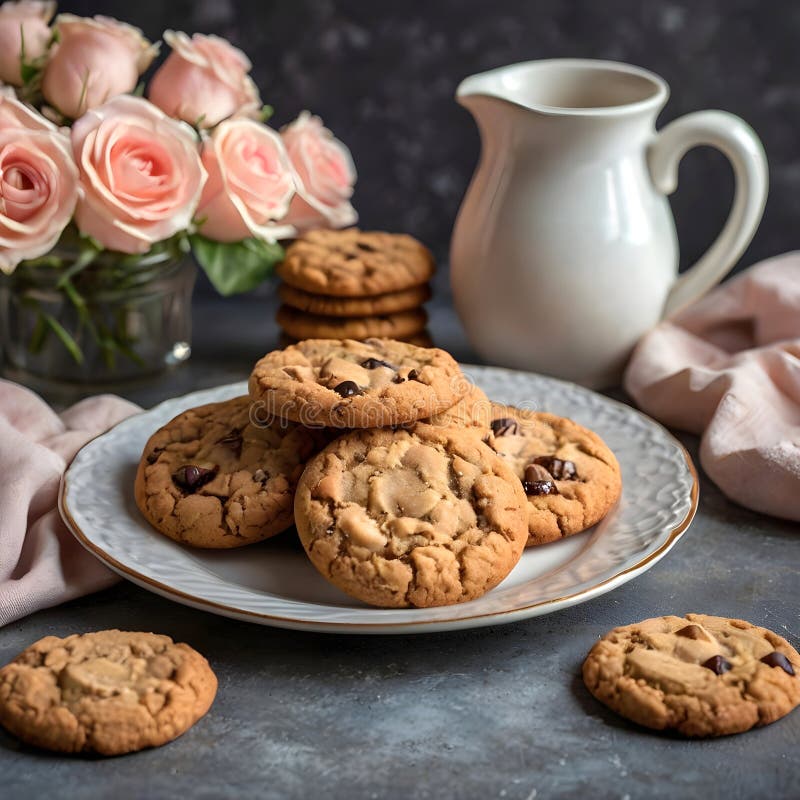 A Studio Shot of Chocolate Chip Cookies on a White Plate, Featuring a ...