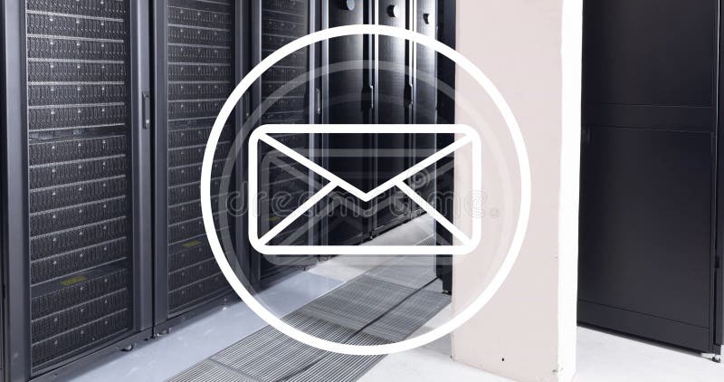 Image Of Envelope In Circle Over Data Server Racks In Server Room Stock