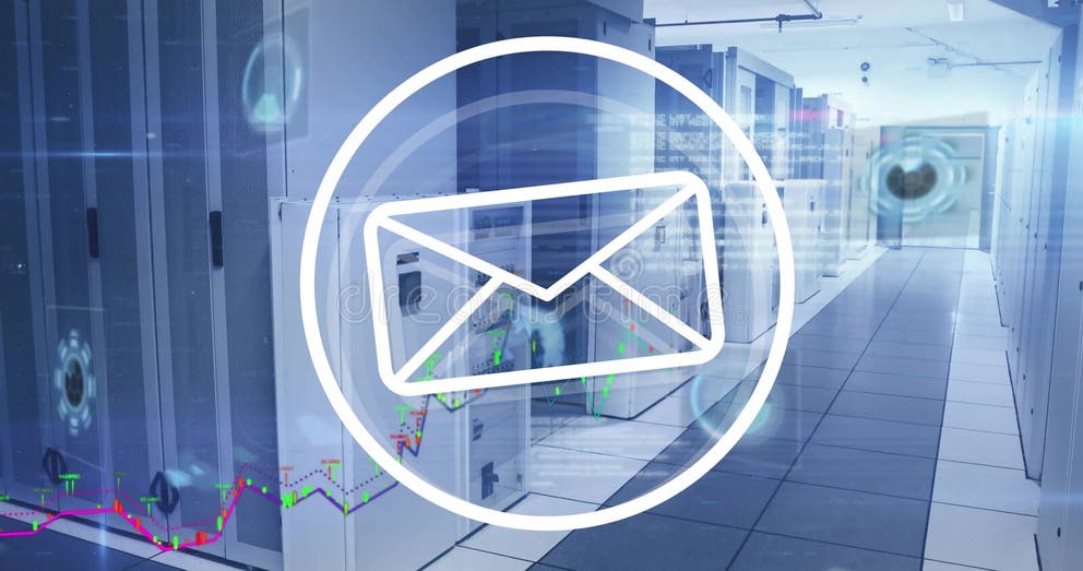 Image of Envelope Email Icon Over Processing Data and Computer Server ...