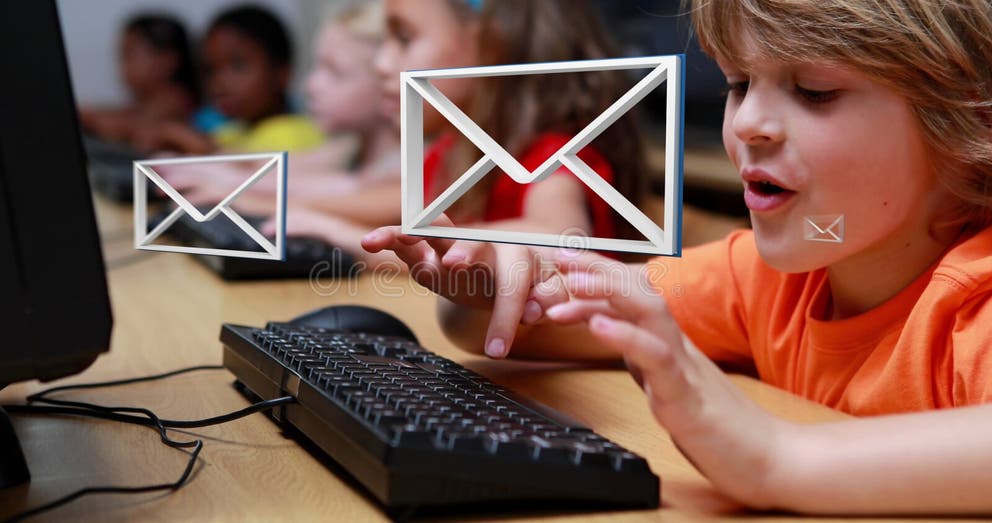 Image of Envelope Mail Icons Moving Over a Group of Primary School ...