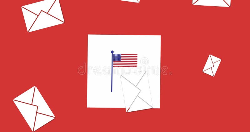 Image of Envelopes Falling and Flag in Red, White and Blue of United ...