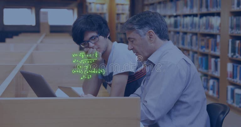 Image of Equations Over Caucasian Male Teacher and Student Using Laptop and Tablet in Library ...