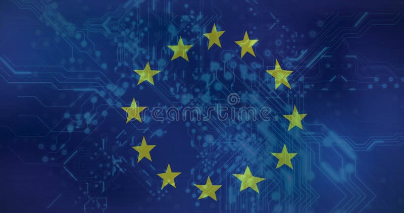 Image of, European Union Flag Over Digital Circuit Board, Representing ...