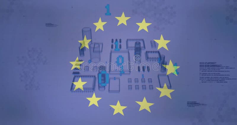 Image of, European Union Stars Over Digital Cityscape with Binary Code ...