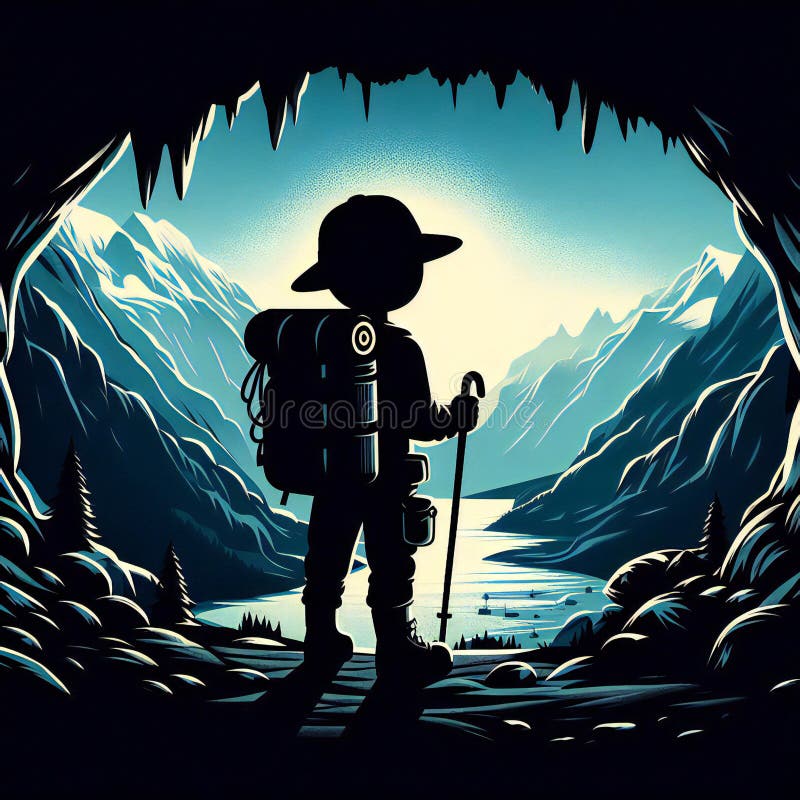 Image of a Explorer in Silhouette Stands in the Cave and Looking Out ...