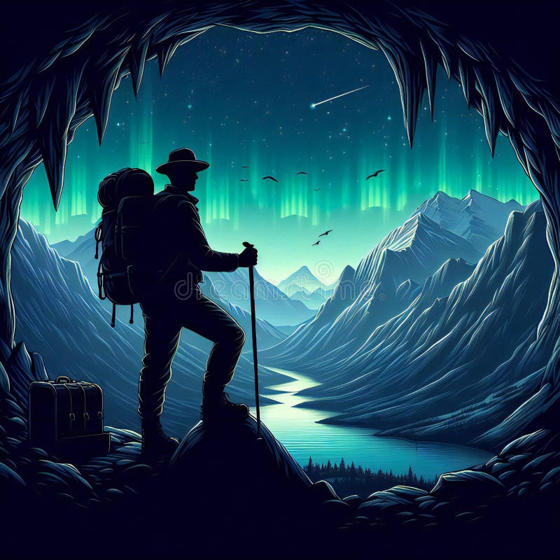 Image of a Explorer in Silhouette Stands in the Cave and Looking Out ...