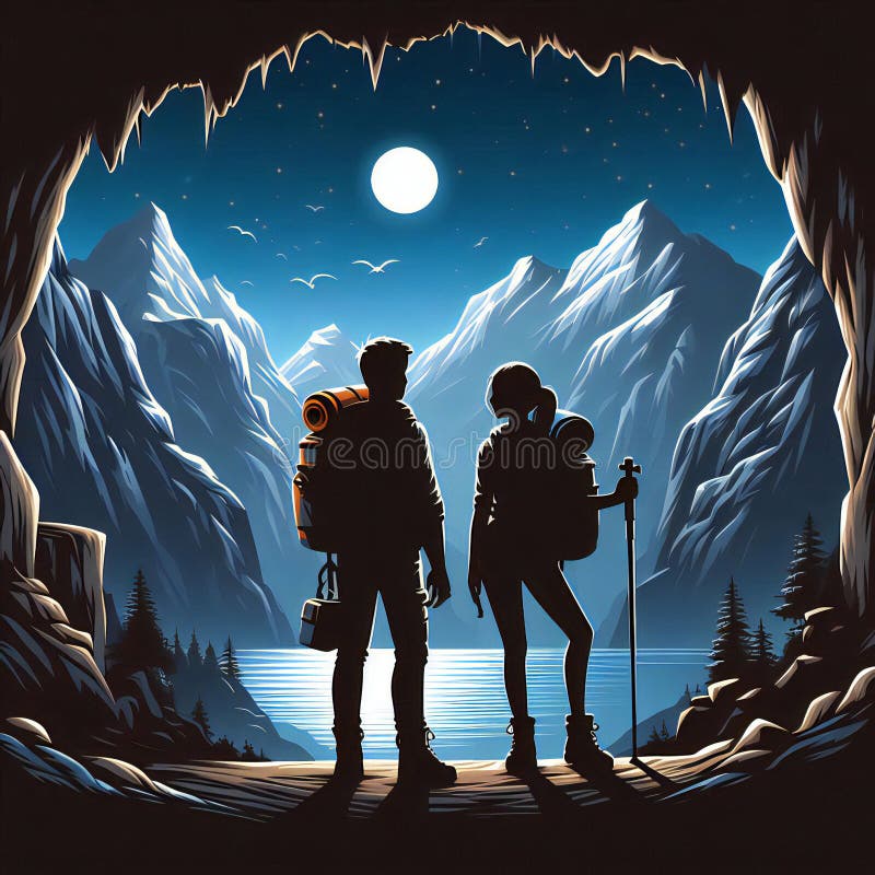 Image of a Explorer in Silhouette Stands in the Cave and Looking Out ...