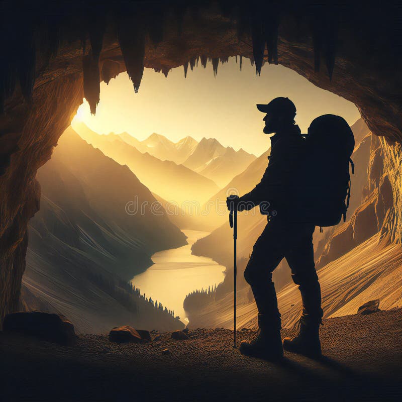Image of a Explorer in Silhouette Stands in the Cave and Looking Out ...