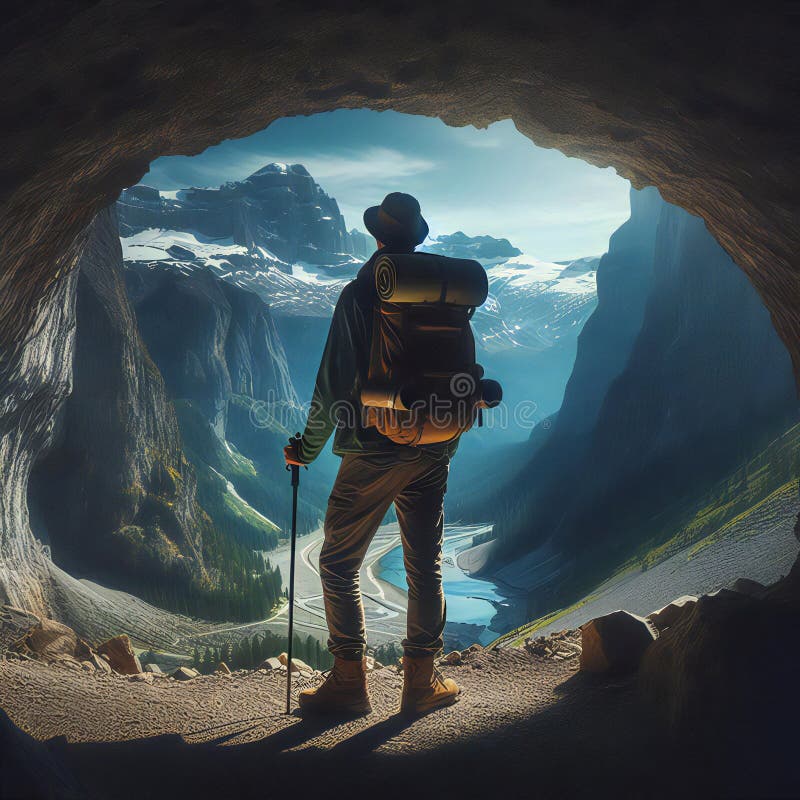Image of a Explorer in Silhouette Stands in the Cave and Looking Out ...