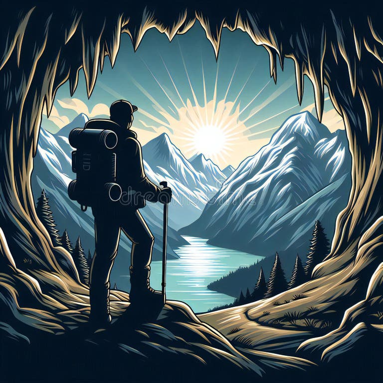 Image of a Explorer in Silhouette Stands in the Cave and Looking Out ...