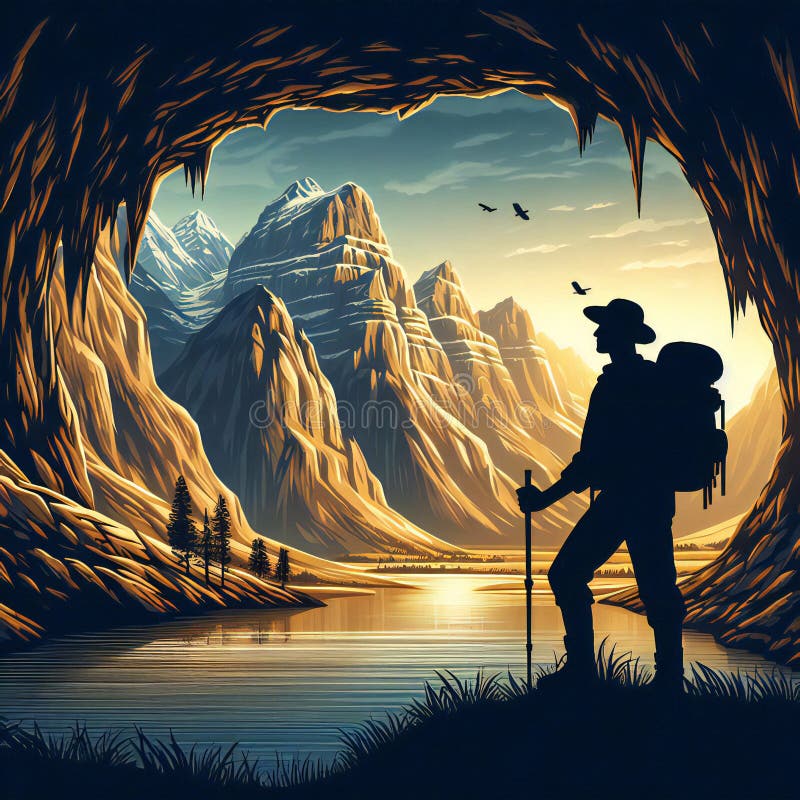 Image of a Explorer in Silhouette Stands in the Cave and Looking Out ...