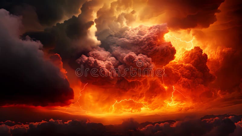 Image of Explosion and Cloud with Lightning at Night. Collage, a Fire ...