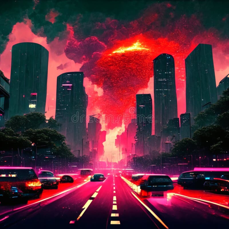 Image of Explosion and Fire Over Cityscape at Night. Disaster, Danger ...